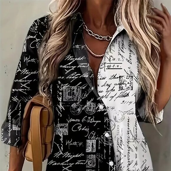 High Quality | Tops | Classy Cursive Print Color Block Blouse | Poshmark
